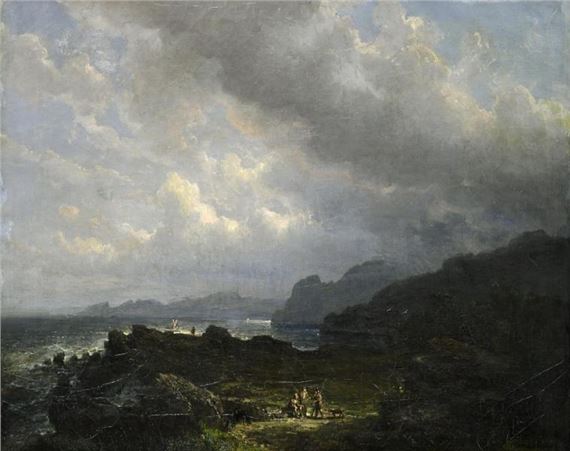 Robert Kummer | Abendliche Küstenlandschaft mit Figurenstaffage (1886 ...