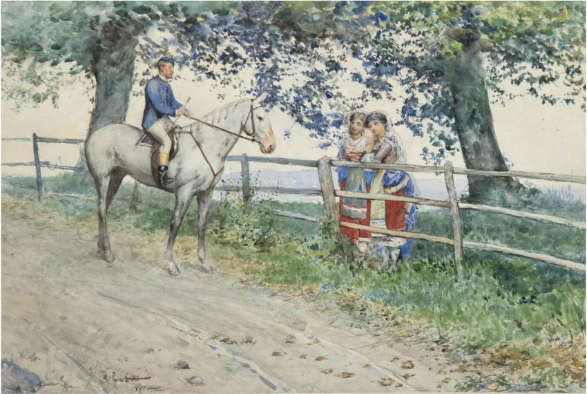 Mario Spinetti | Landschaft mit Reiter beim Plausch am Koppelzaun (1883 ...