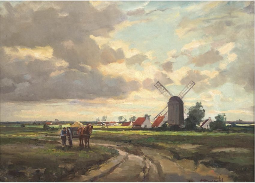 Harry Haerendel | Norddeutsche Landschaft mit Windmühle und Fuhrwerk ...