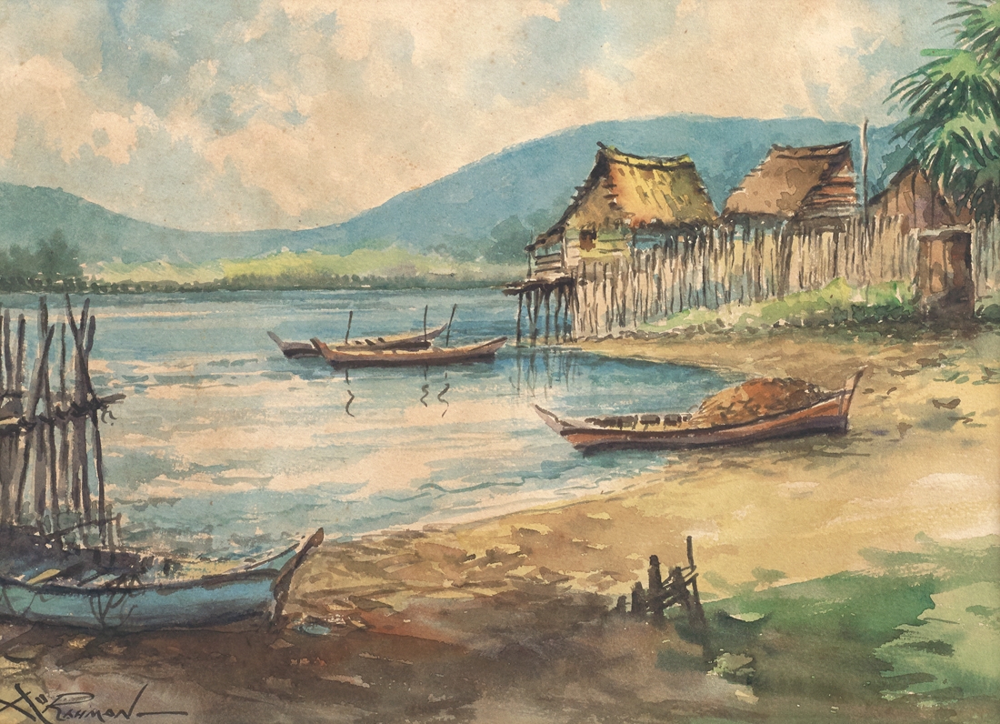 Lukisan Pemandangan Waktu Senja Di Kampung Nelayan