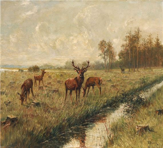 Emil Rieck | Rotwild am Bachlauf | MutualArt