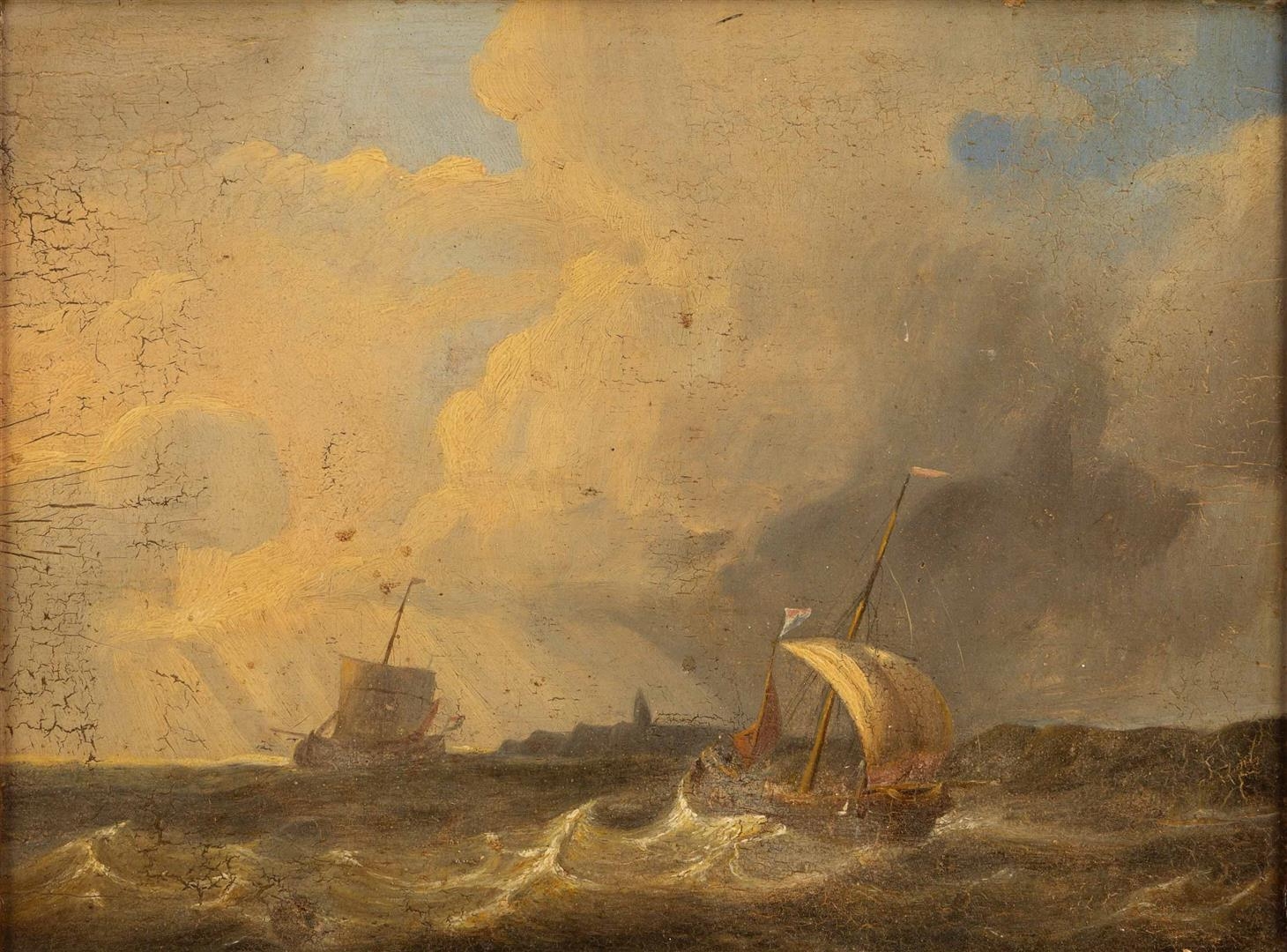 Dutch School, 19th Century | Bootje voor de kust en schepen op woelige ...