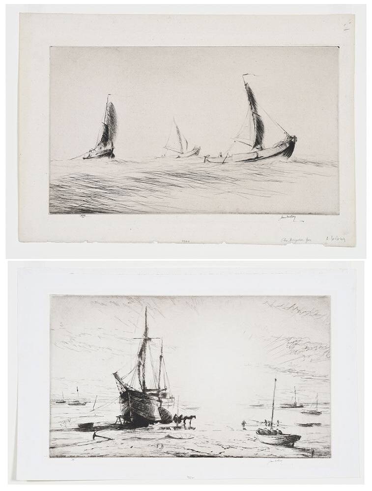 James McBey | Two maritime etchings: Mersea - Sunset (1924) | MutualArt