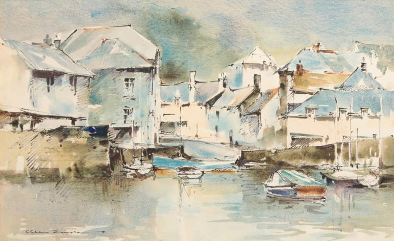 Alan Simpson | Harbour with buildings and boats | MutualArt