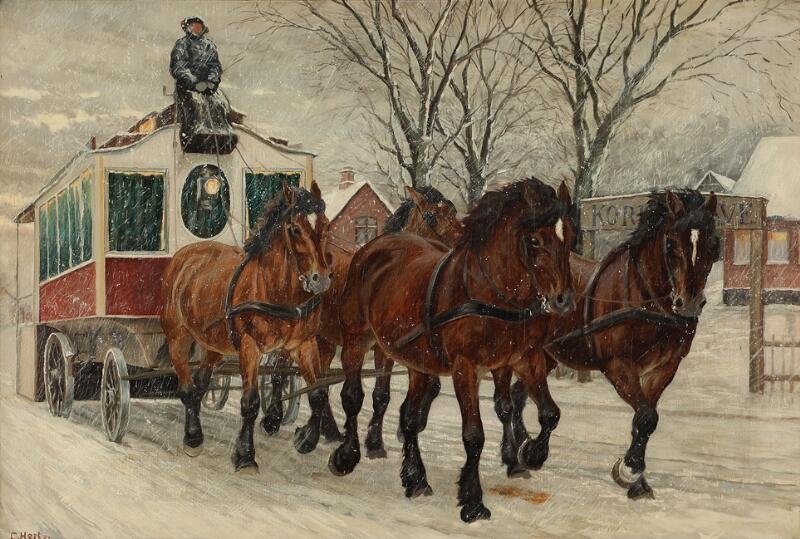 Carl Hertz | A winter day with a stagecoach driving through the town ...