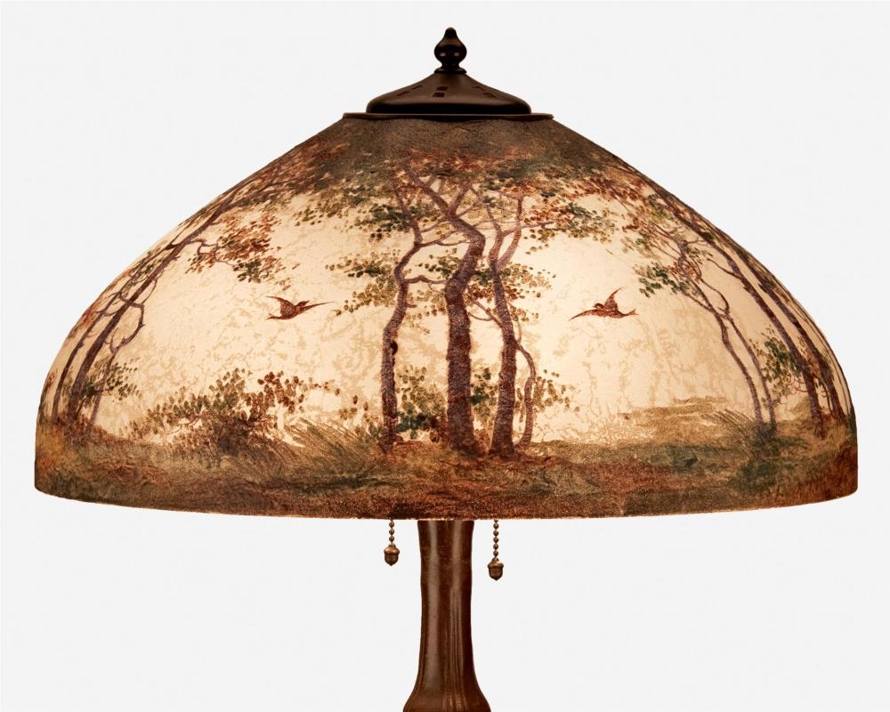 Handel Lamp Company | A Handel obverse-painted glass landscape table ...