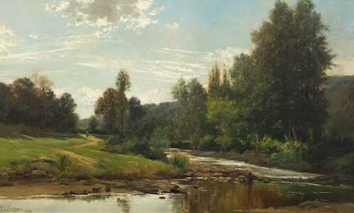 Auguste Allonge | A woman walking by a river (1881) | MutualArt