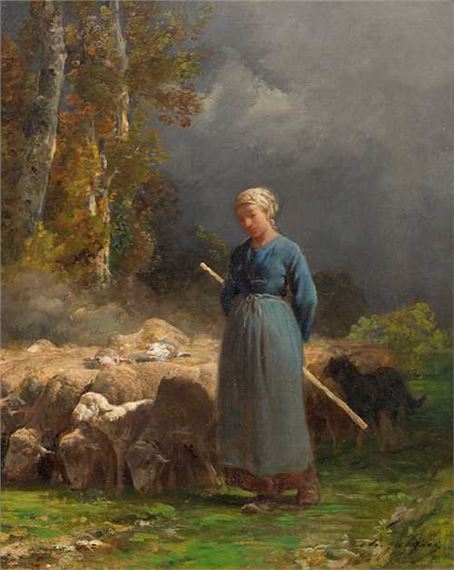 Charles Émile Jacque | A shepherdess and her flock in a pastoral landscape | MutualArt