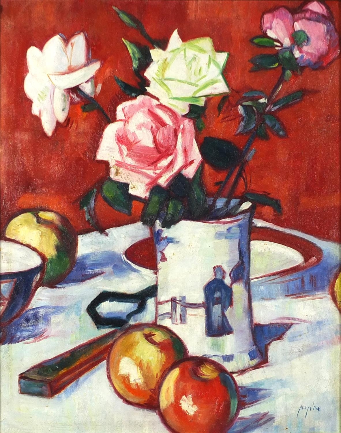 Samuel John Peploe | Still life flowers in a vase with fruit | MutualArt