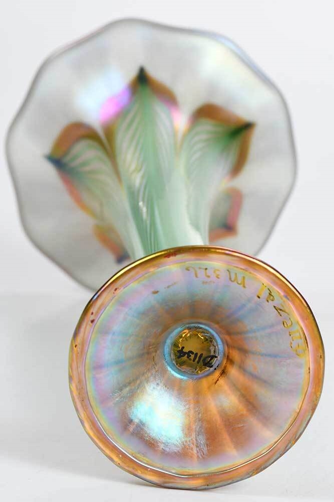 Quezal Art Glass & Decorating Co. | Quezal Tall Trumpet Art Glass Vase ...