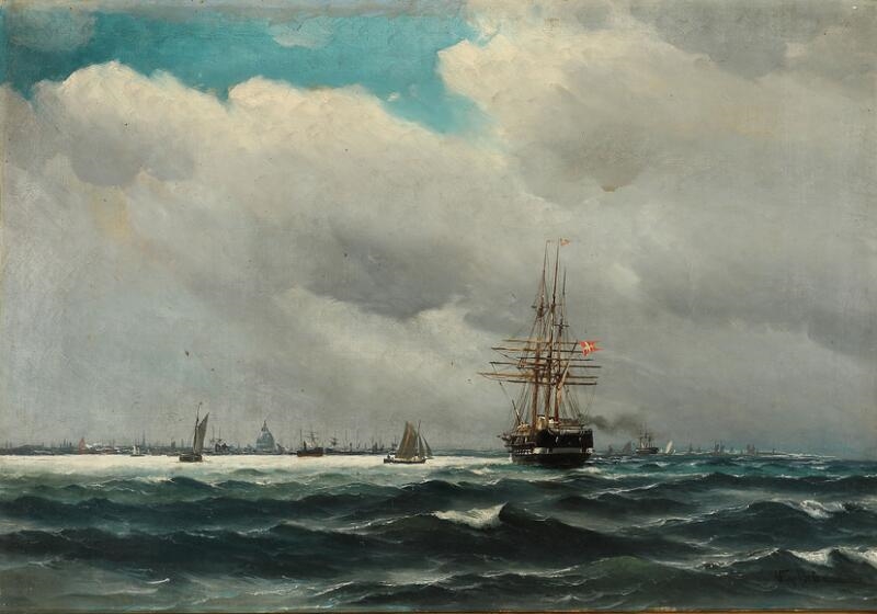 Vilhelm Bille | Seascape with numerous sailing ships and boats outside ...