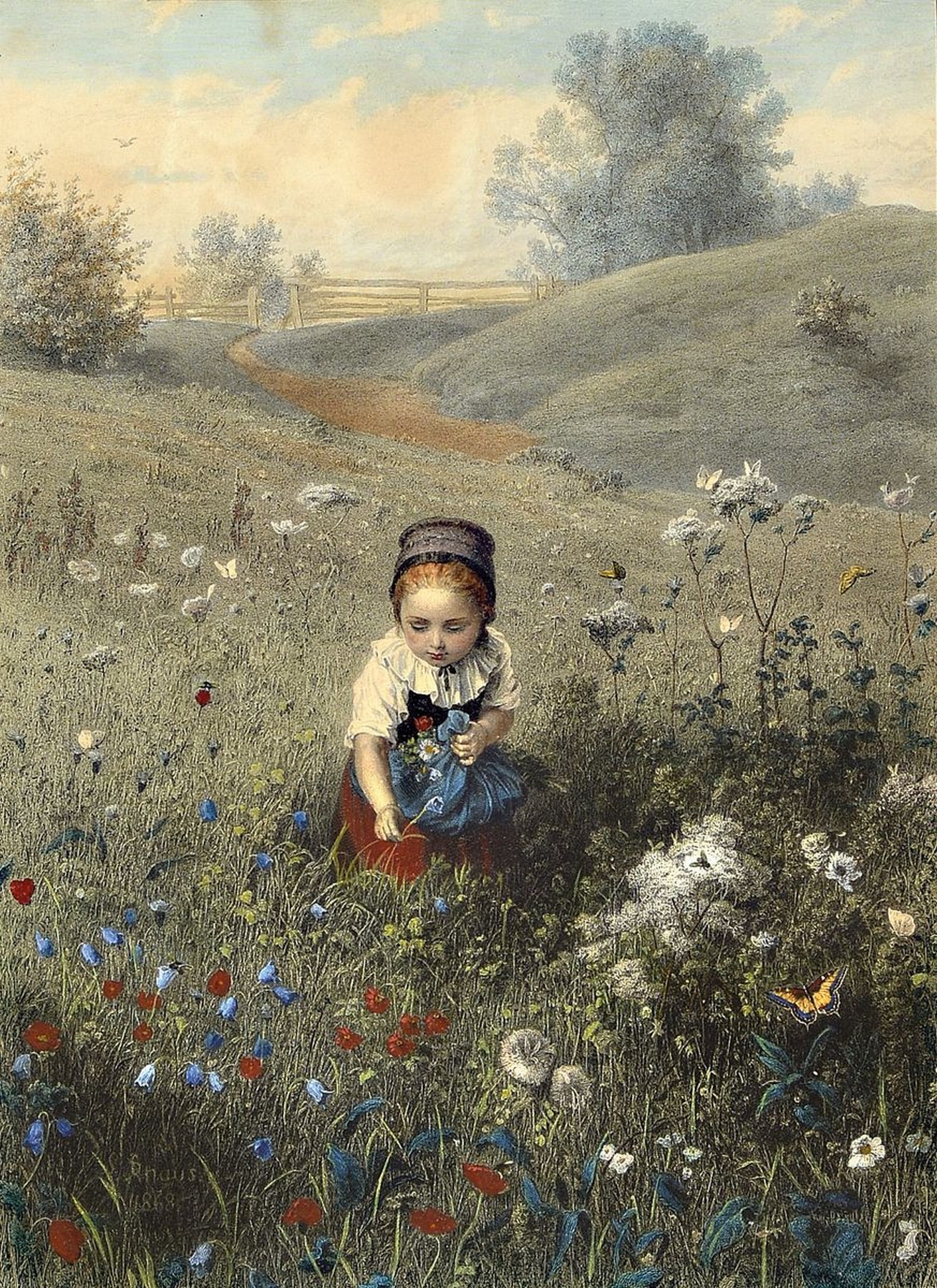 Ludwig Knaus | girl picking flowers | MutualArt