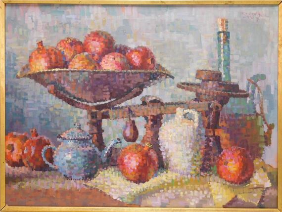 Richard Goetz | Still life depicting a spread of apples and a scale ...