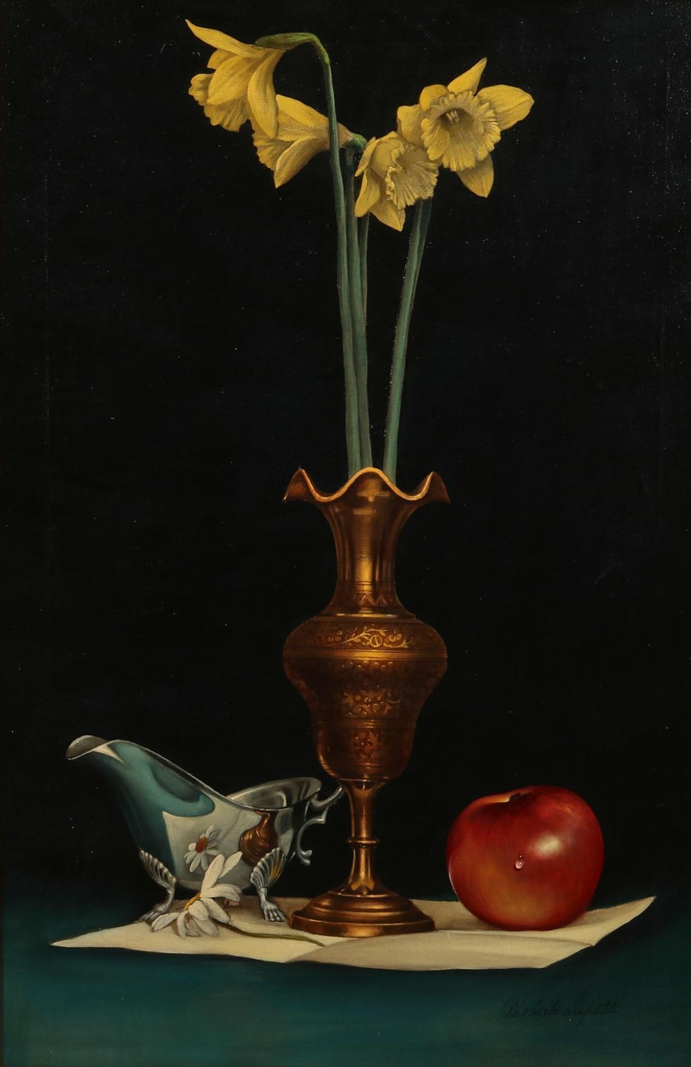 Roberto Lupetti | Still life with daffodils, silver sauce boat and ...
