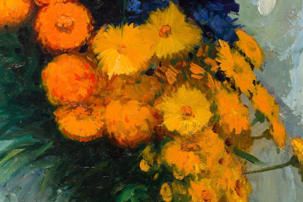 Adolf Behrmann | Orange and sapphire flowers in a vase | MutualArt