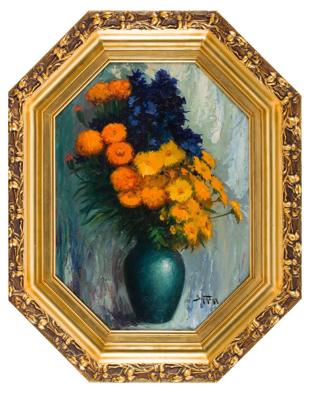 Adolf Behrmann | Orange and sapphire flowers in a vase | MutualArt