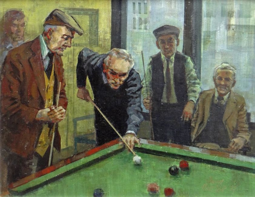 Hywel Harries | Snooker room with five gentlemen (1987) | MutualArt