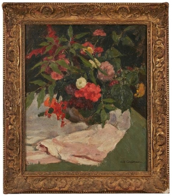 Charles Auguste Edelmann | Tischstillleben mit Blumen und Tuch | MutualArt