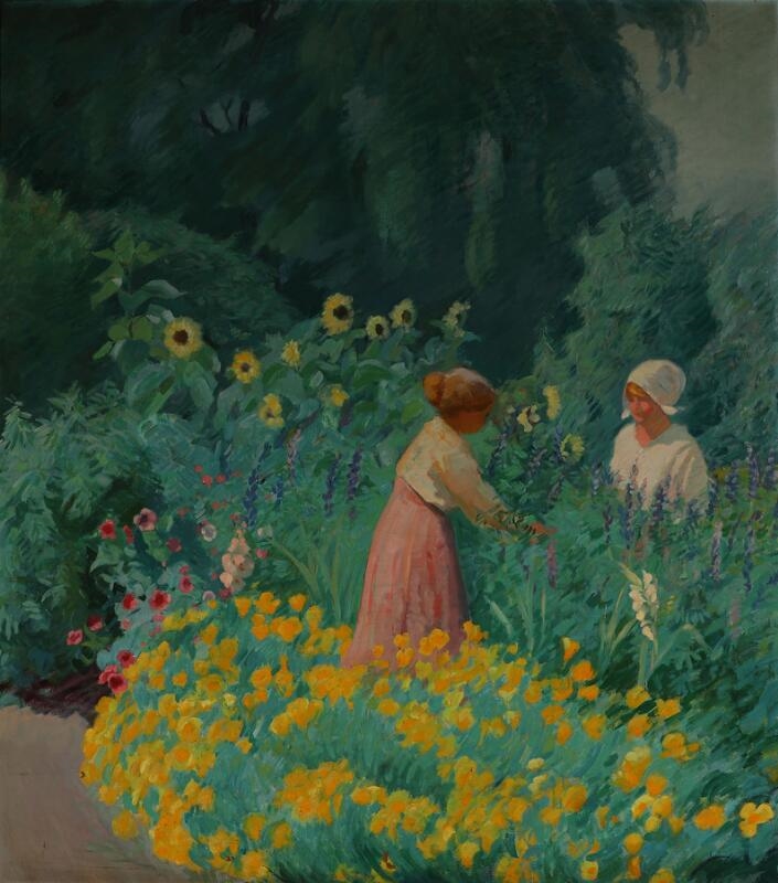 Max Nathan | Two women picking flowers in a garden | MutualArt