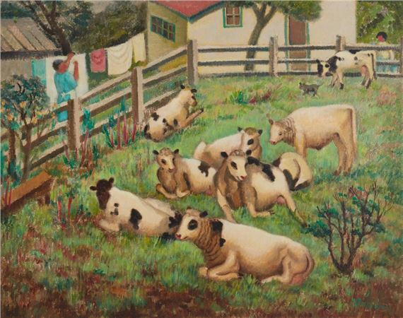 Helen Rousseau | Cows in a barnyard | MutualArt