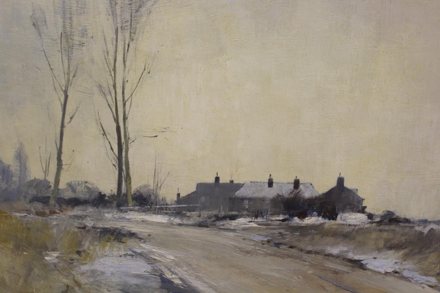 Ian Houston | ' January Thaw ' with houses on a lane | MutualArt
