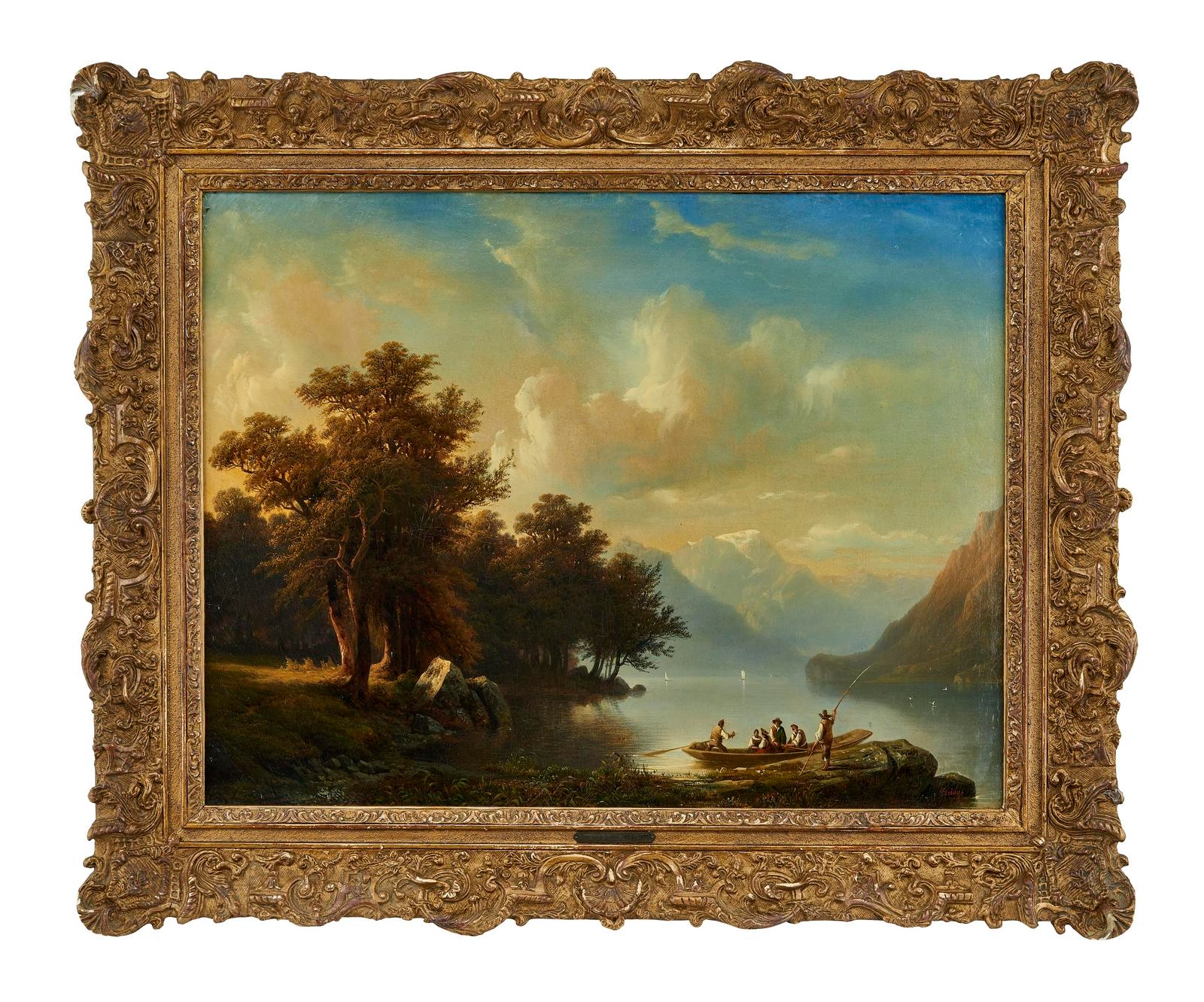 François Diday | Lac de Brienz avec des personnages dans un ferry ...