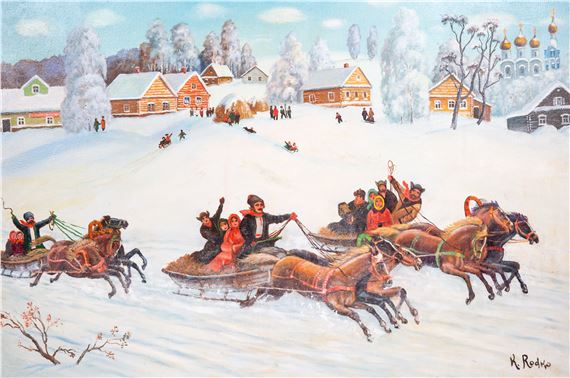 Konstantin Rodko | Winter Scene with Troikas | MutualArt