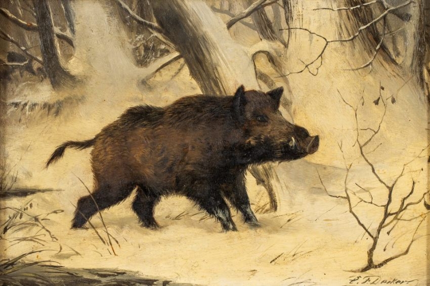 Carl Friedrich Deiker | Keiler in tief verschneiter Waldlandschaft ...