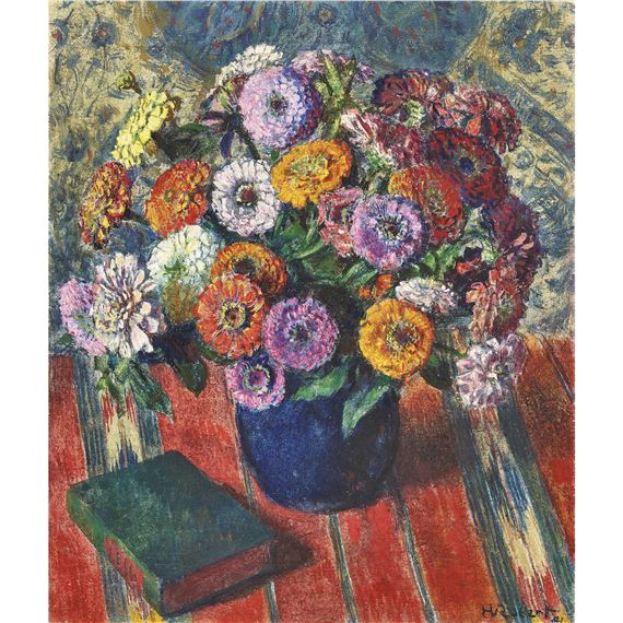 Henri-Marcel Robert | Stillleben mit Buch und Zinnien in Krug | MutualArt