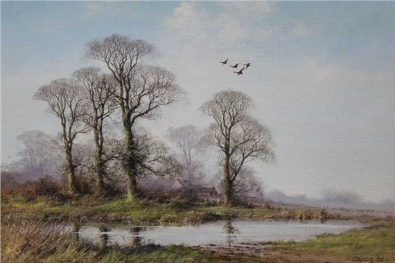 John Caesar Smith | Landscape with wildfowl in flight (1982) | MutualArt