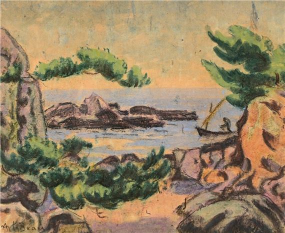 Alcide Marie Le Beau | Barque et pêcheur dans la crique | MutualArt