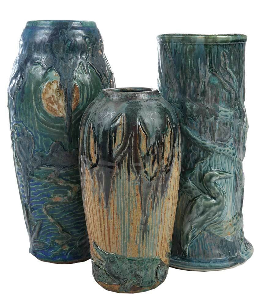 Martin Cushman | Three M. Cushman Florida Faience Pottery Vases | MutualArt