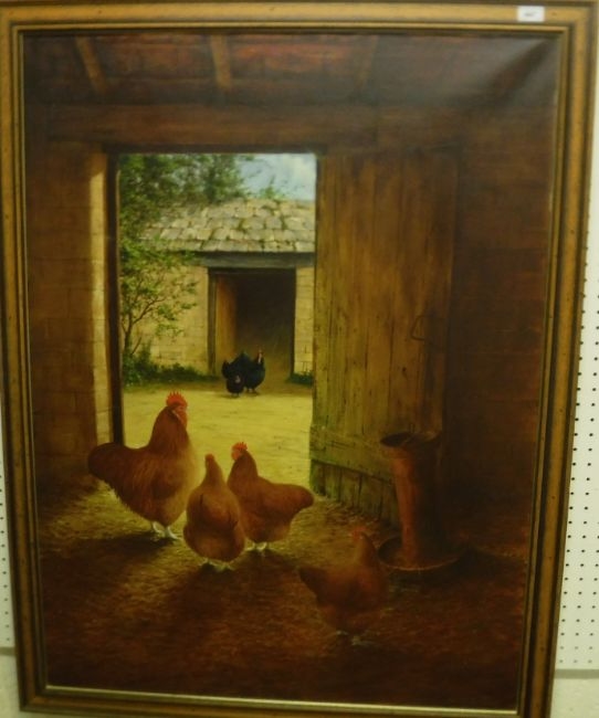 Bev Taylor | Chickens in a farmyard; Dark Brahma Bantum cock | MutualArt