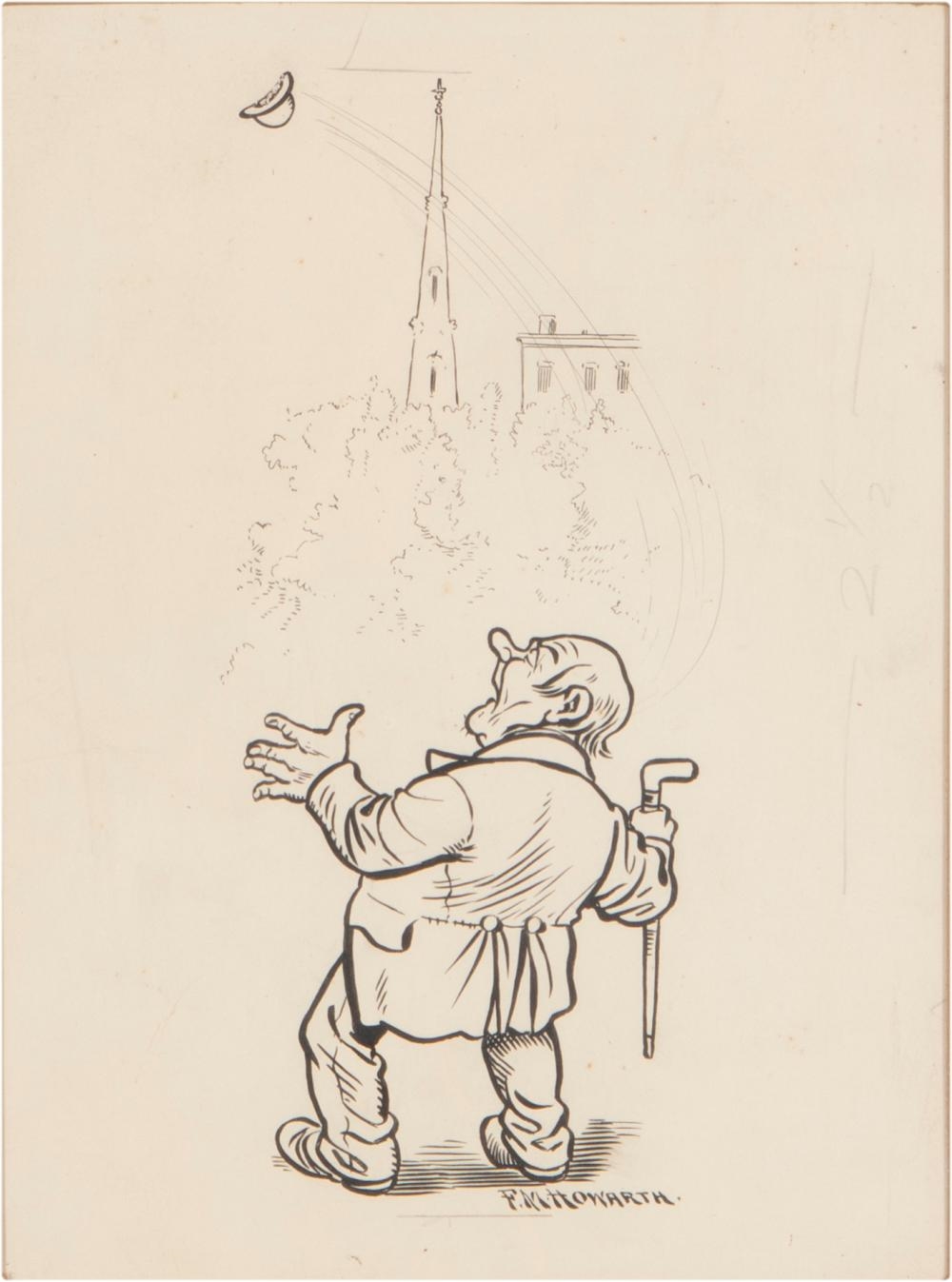 F.M. Howarth | Cartoon Illustration (Man loses hat in the wind) | MutualArt
