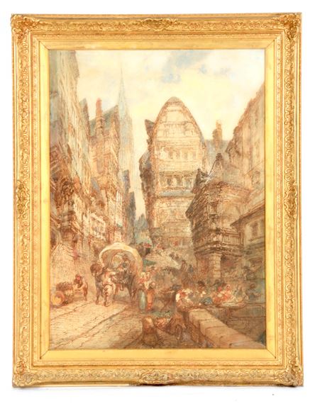 Paul Marny | French town scene with horse-drawn caravan and figures ...