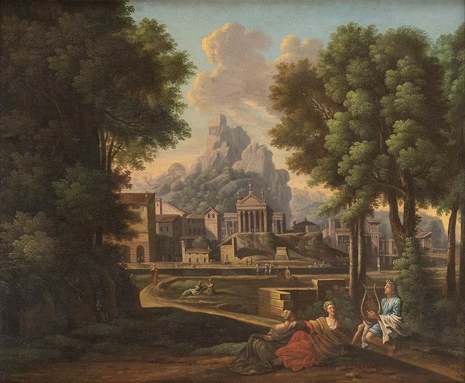 Nicolas Poussin | Classical landscape with Apollo, two muses and ...