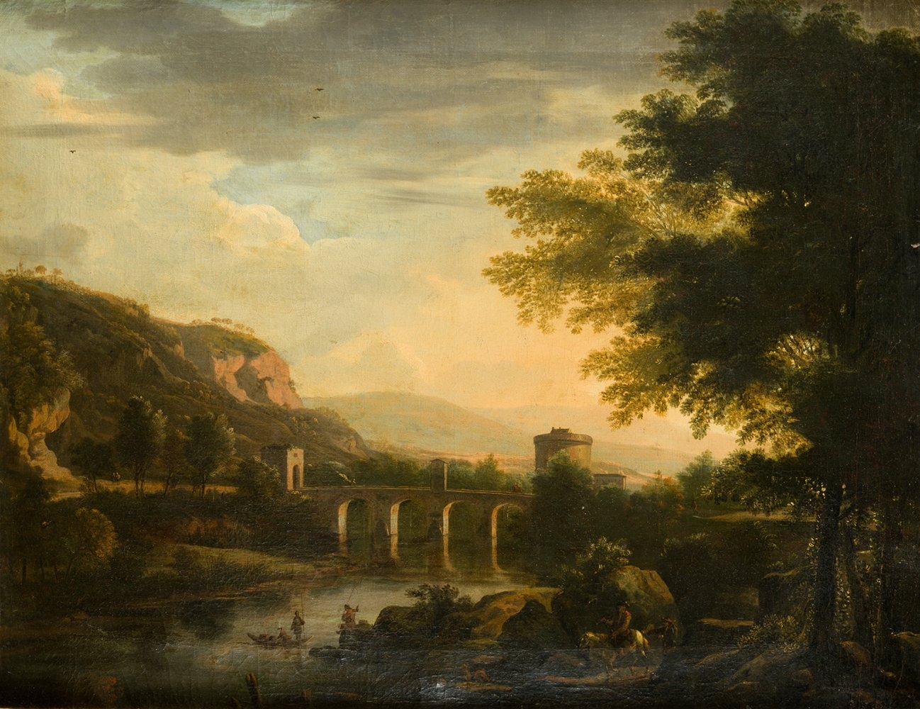 Francesco Zuccarelli | Paisaje con rio y puente, personajes pescando y ...