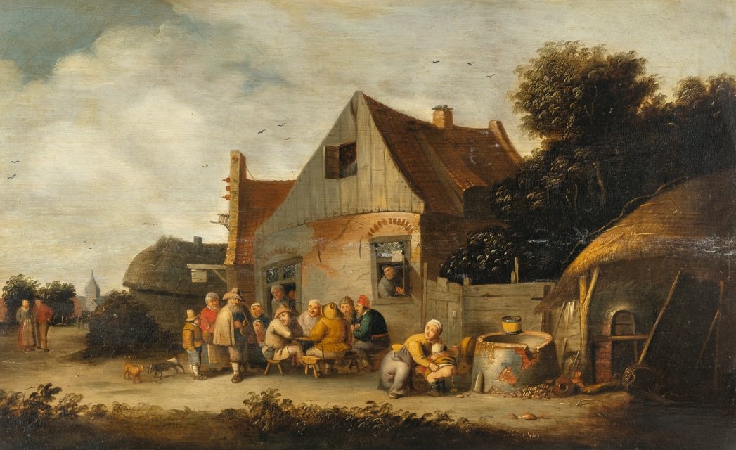 Cornelis Mahu | Village street with merry company by a tavern | MutualArt