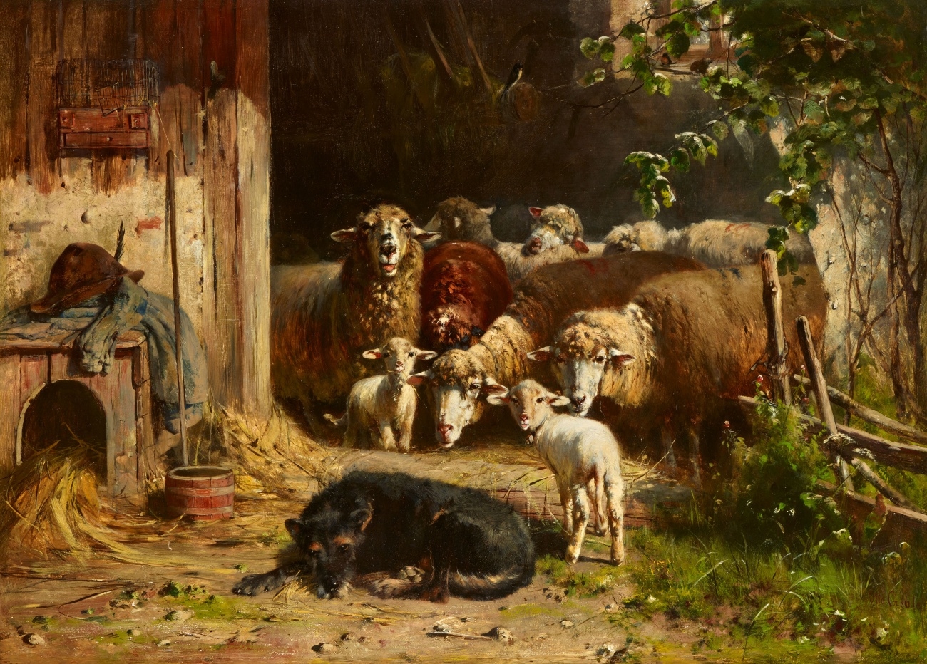 Otto Gebler | Sheep and a Dog in a Stable | MutualArt