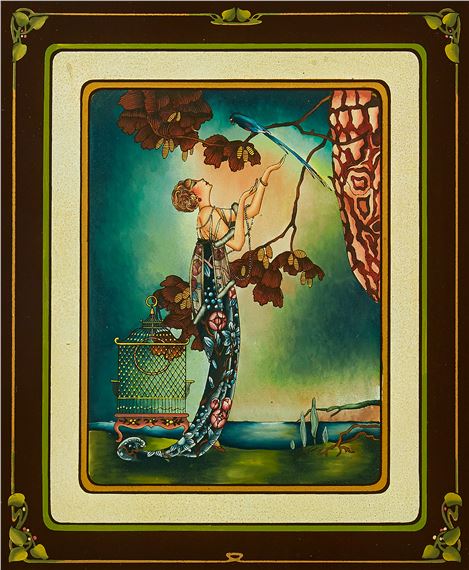 Erté | An elegant woman and a bird in the tree | MutualArt