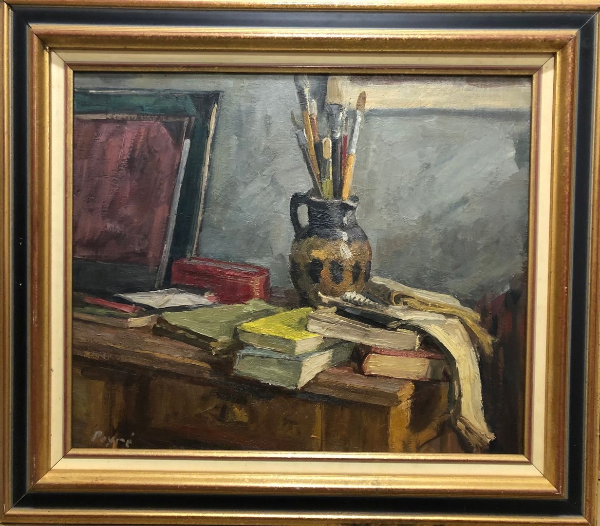 Louis Peyré | Livres et pot avec pinceaux (1971) | MutualArt