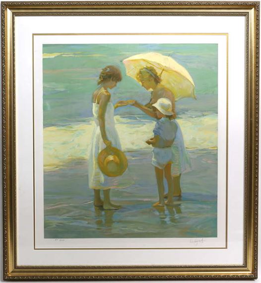 Don Hatfield | beach scene of female figures with a parasol | MutualArt