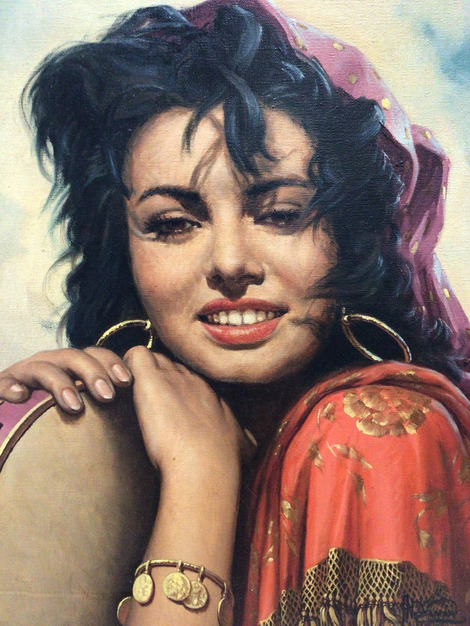 Andre David | A beautiful Gypsy girl holding a tambourine | MutualArt