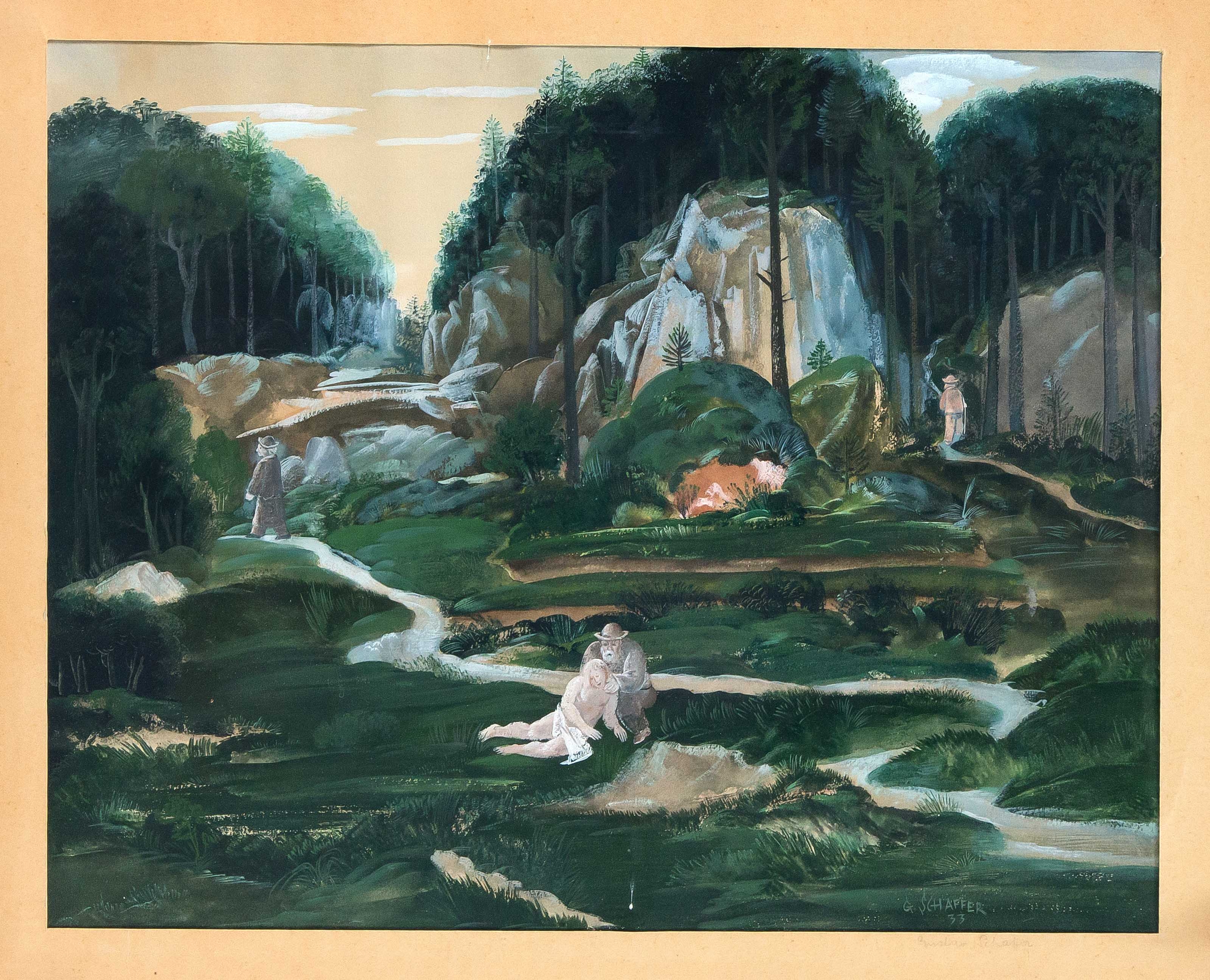 Gustav Adolf Schaffer | Rocky landscape with probably allegorical ...