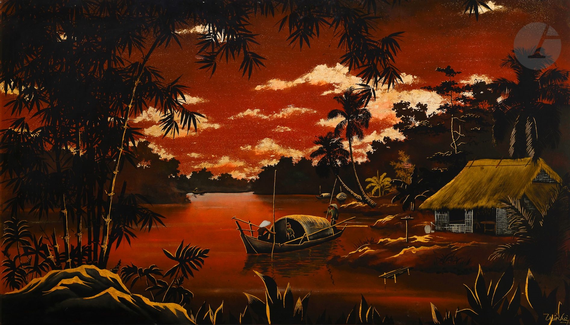 Tran Van Ha | scene of men on a sampan near an islet where a thatched ...