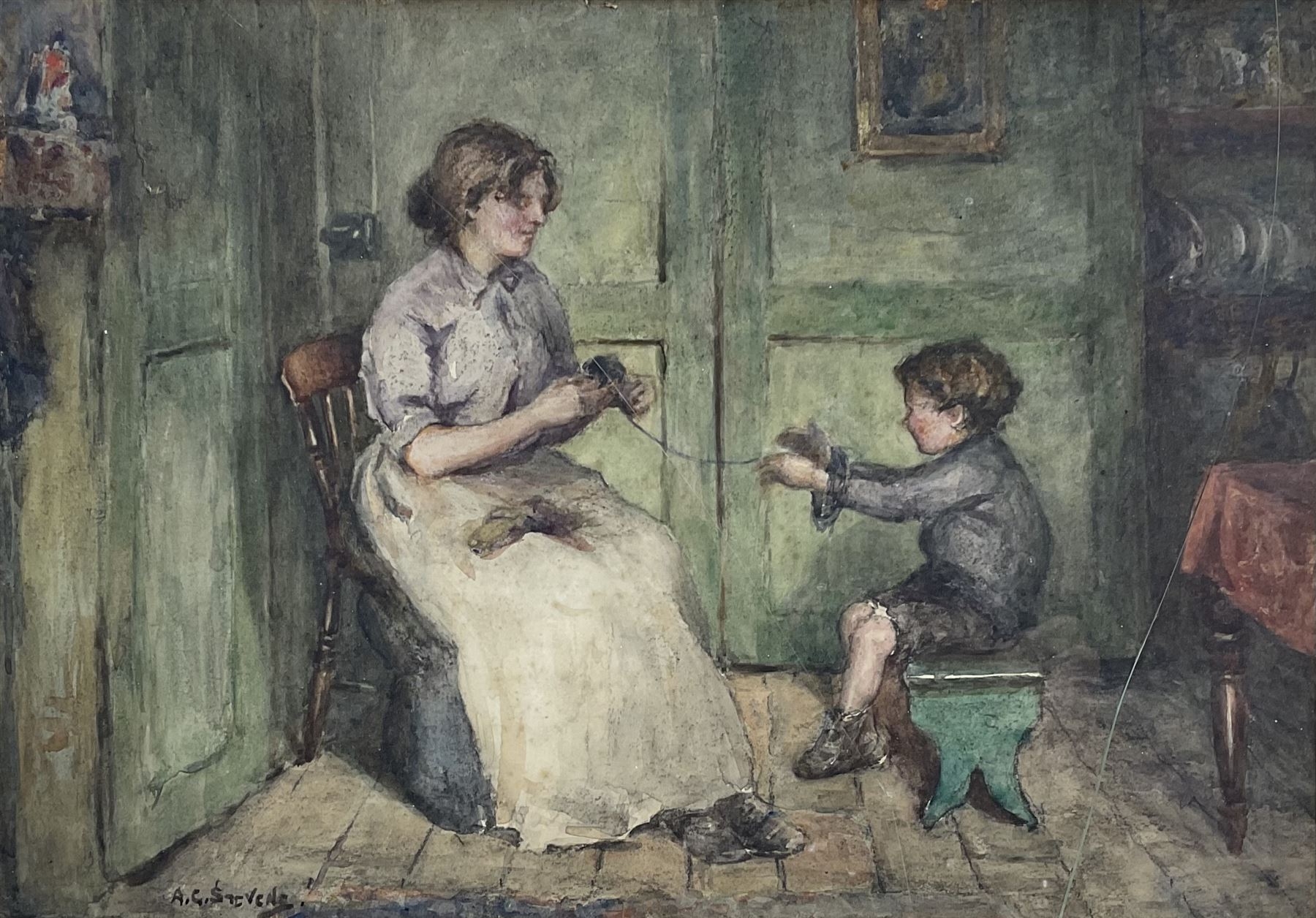 Albert George Stevens | Cottage Interior with Mother and Child Winding ...