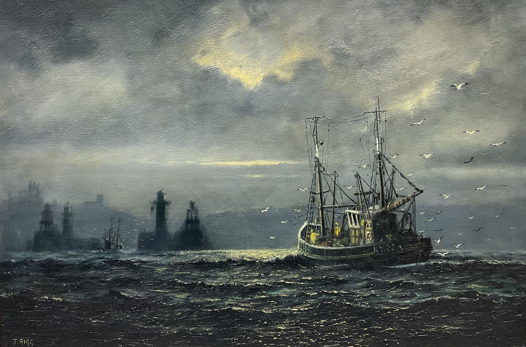 Jack Rigg | Fishing Boat Returning to Whitby Harbour by Moonlight (1972 ...