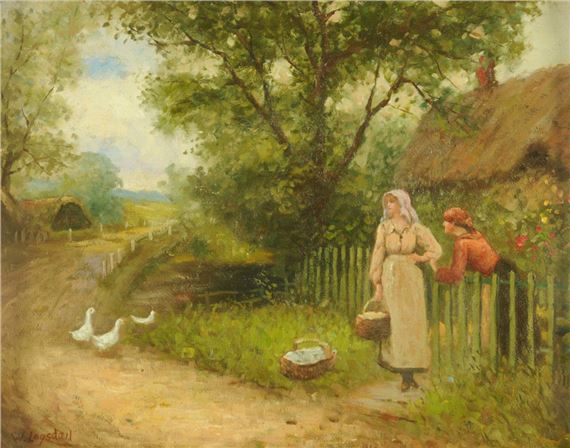 William Logsdail | Rural lane with figures and thatched cottage | MutualArt