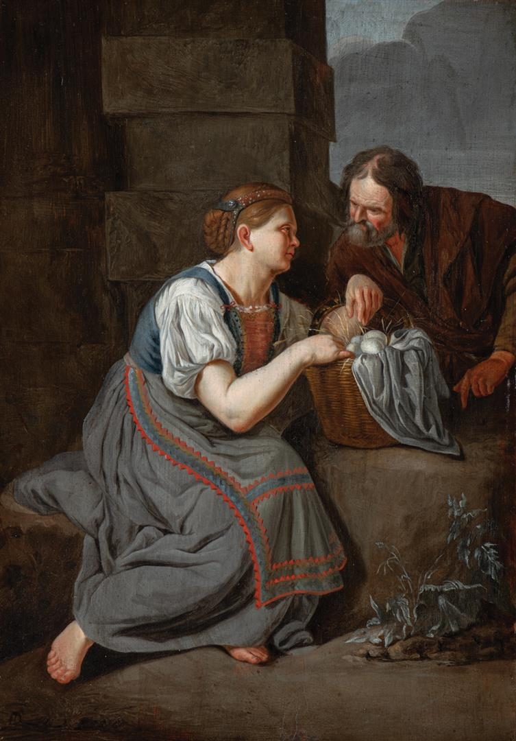 Jacob Toorenvliet | A Young Egg Seller and her Old Suitor | MutualArt