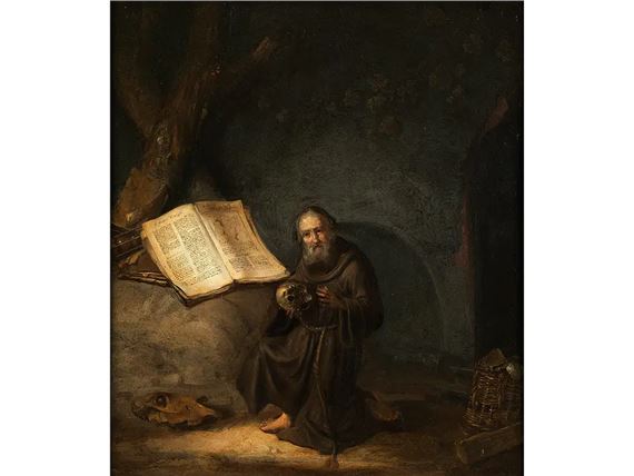 Jacob Van Spreeuwen | Penitent monk with open bible in a cave | MutualArt